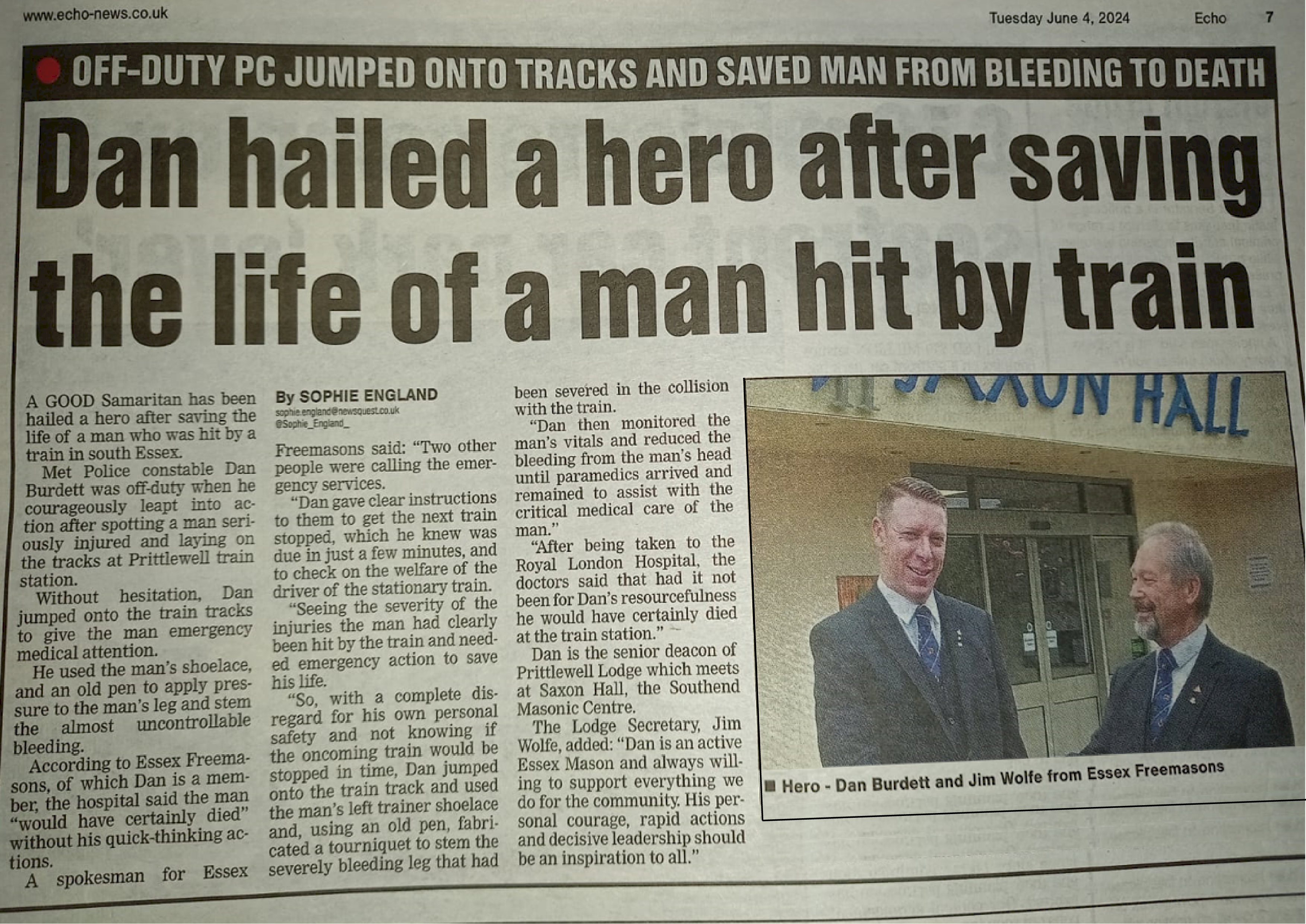 Essex Freemason courageously saves the life of man hit by a train